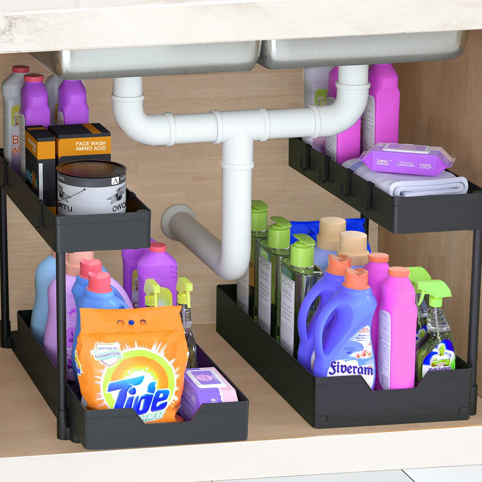 HISKIWUU Under Sink Organizers and Storage L-Shape Easy Assembly,Bathroom Sink Organizer Durable Pull-Out with Sliding Drawer,Under Sink Organizer Large Capacity with Hooks,2 Pack,Black