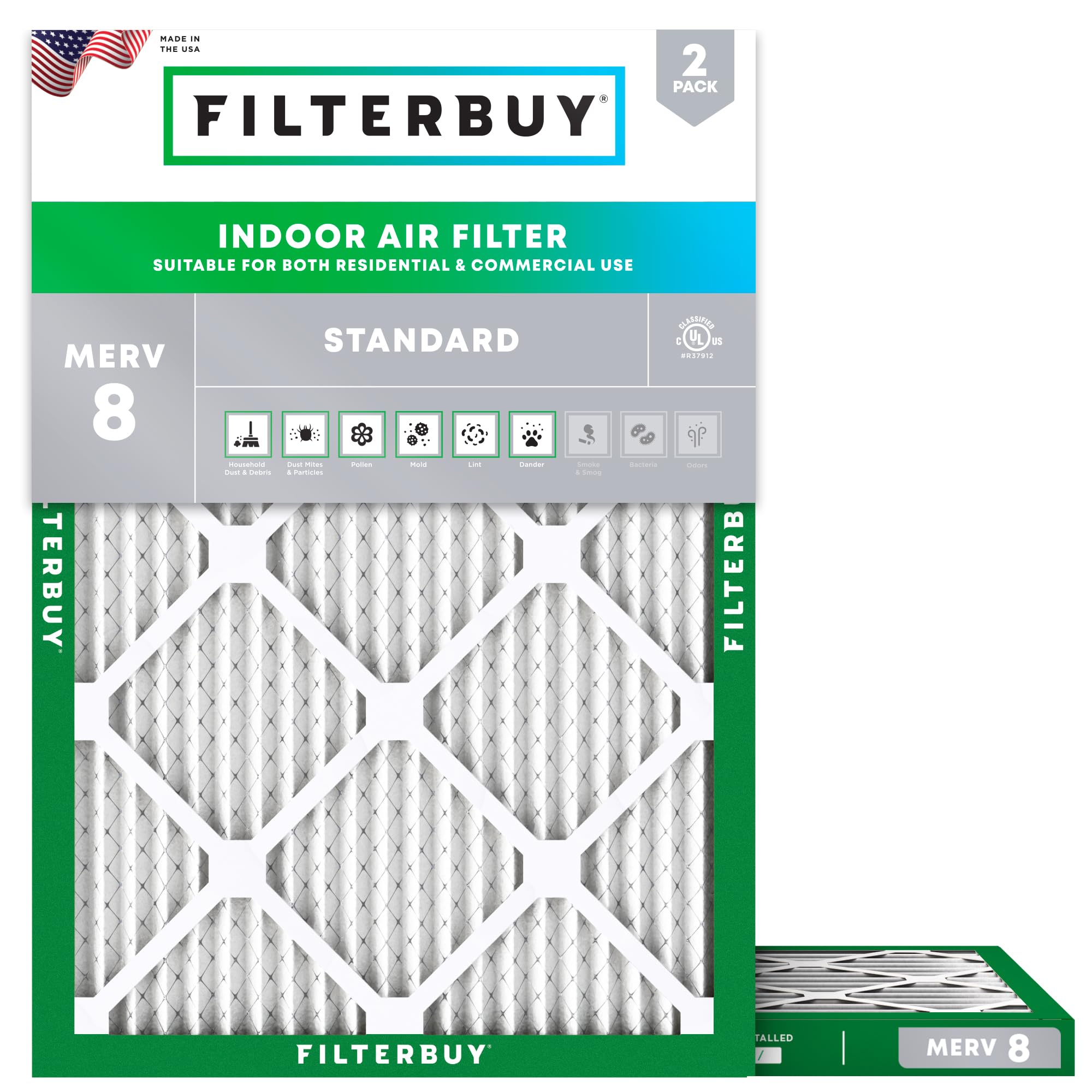 Filterbuy 20x25x1 Air Filter MERV 8 Dust Defense (2-Pack), Pleated HVAC AC Furnace Air Filters Replacement (Actual Size: 19.50 x 24.50 x 0.75 Inches)