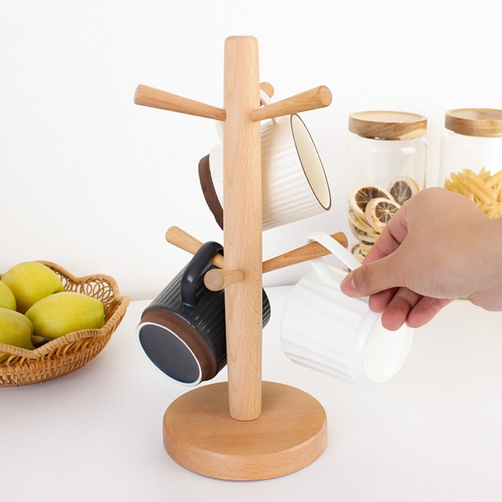 TUPANDY Mug Holder Wooden Mug Rack Tree with 6 Hooks Coffee Cup Organizer Stand Wood Mug Hanger Stand for Display Coffee Mugs Glasses and Cups for Kitchen Dinnerware Storage, FBA-HYYU66899