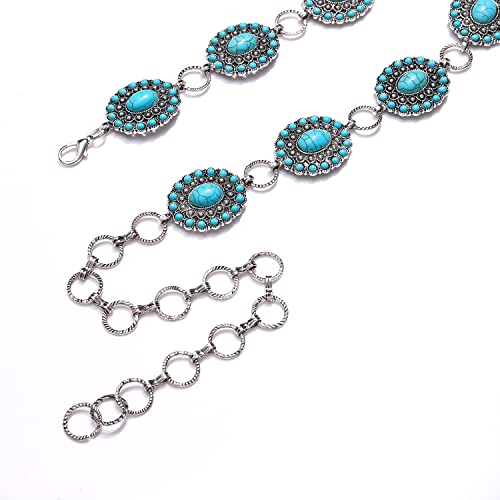HSWE Women Turquoise Chain Belt Vintage Round Turquoise Concho Belts Adjustable Boho Western Metal Waist Belts for Dresses