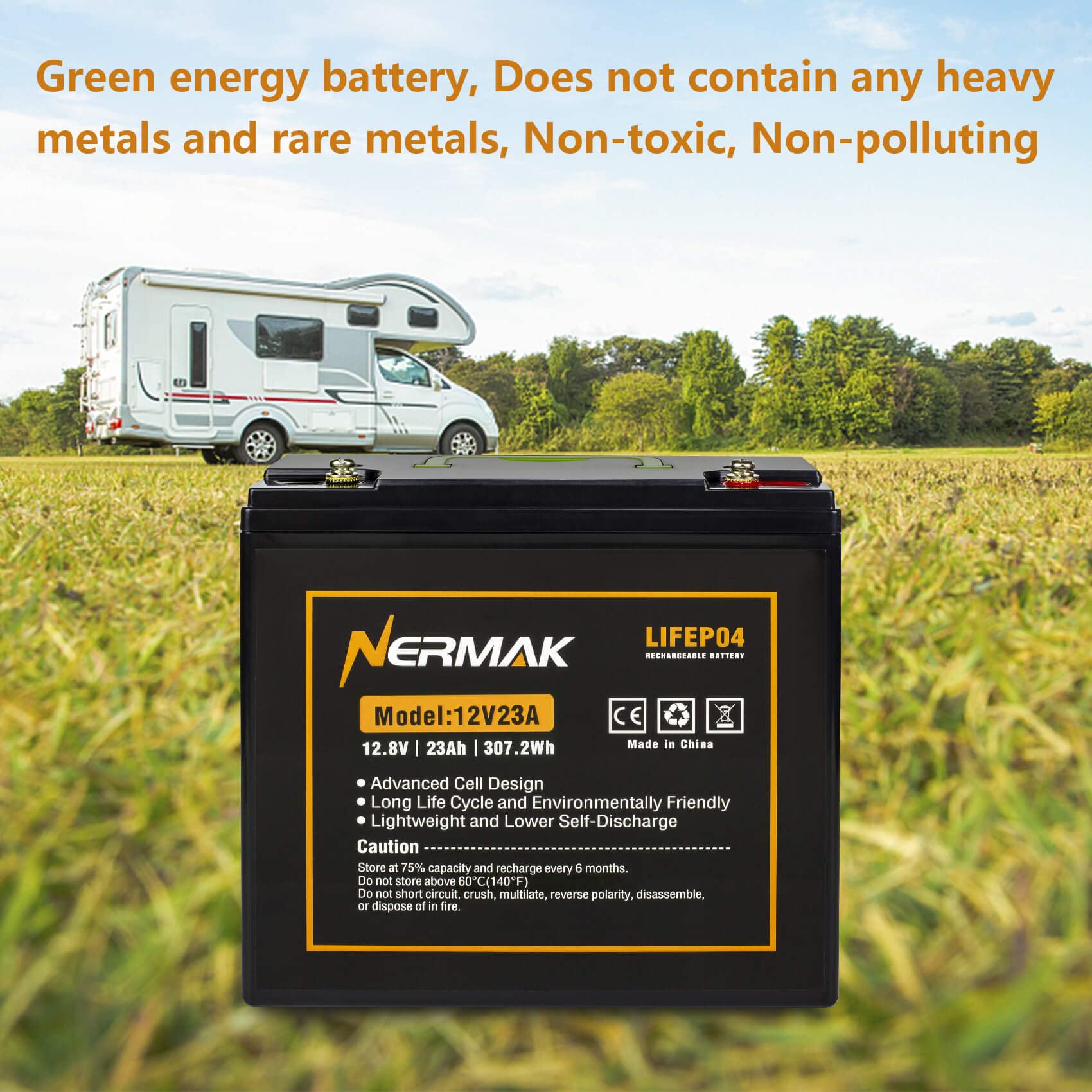 NERMAK 12V 23Ah Lithium LiFePO4 Deep Cycle Battery, 2000+ Cycles Lithium Iron Phosphate Rechargeable Battery for Solar/Wind Power, Lighting, Marine, Outdoor Camping, Fish Finder, Built-in 24A BMS