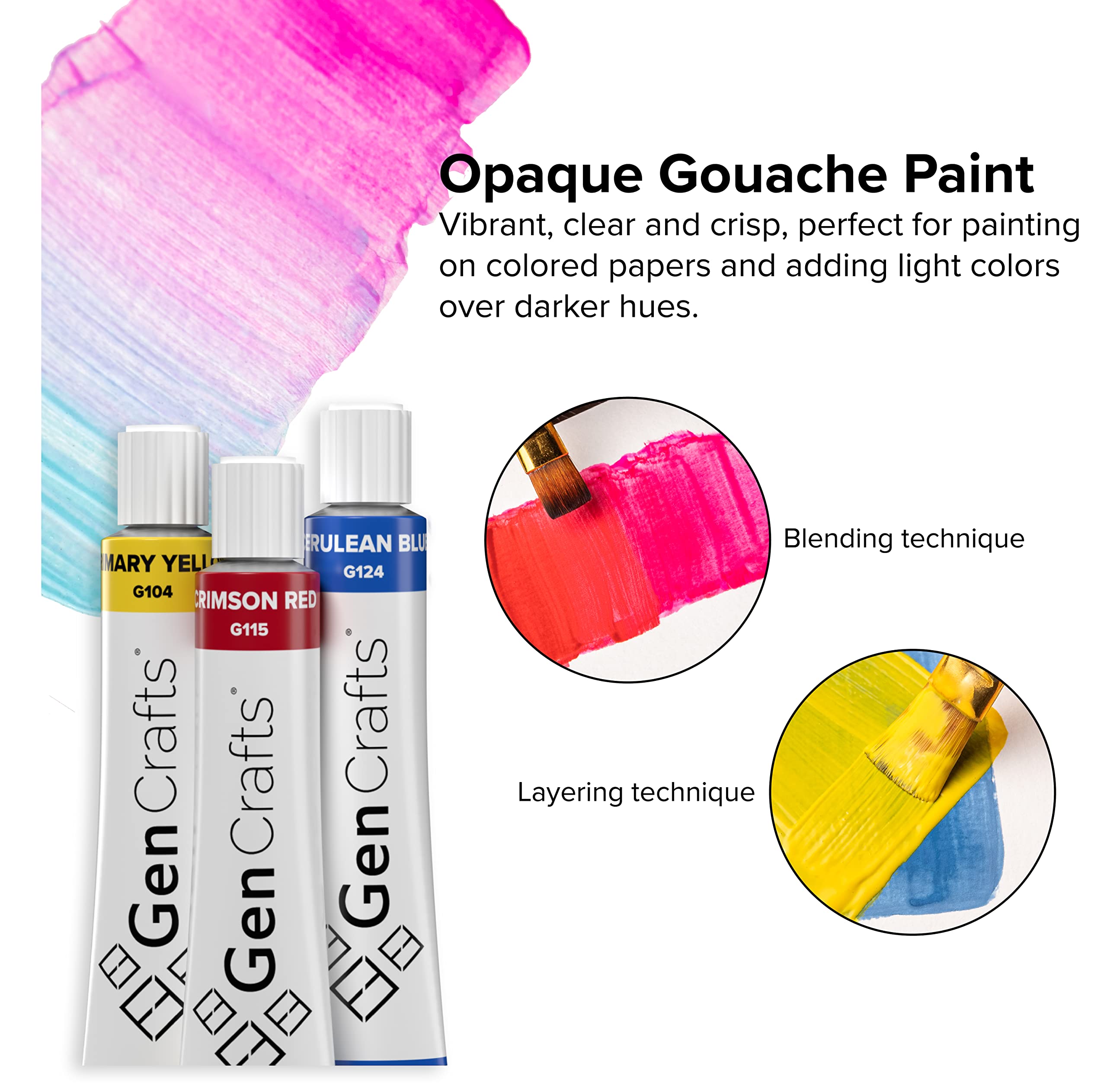 GenCrafts Gouache Paint 24 Colors 12 ml/ 0.406 oz. - Quality Non Toxic Pigment Paints for Canvas, Fabric, Crafts, and More