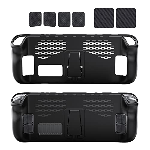 HMHAMA Protective Case with Kickstand and Button Stickers for Steam Deck Accessories, TPU Non-Slip Anti-Scratch Protective Case Bracket Trackpads Skin Back Button Grips