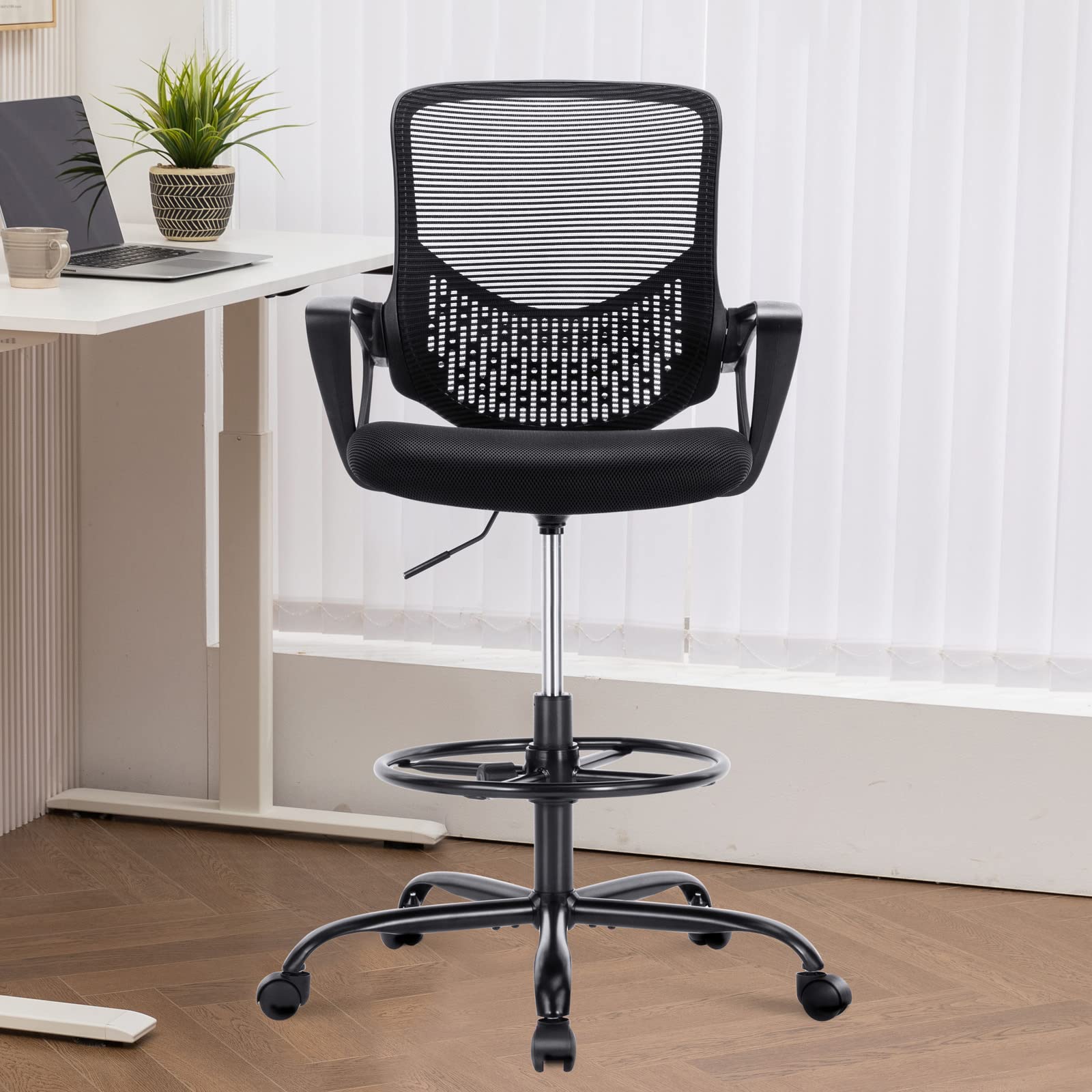 HOMEFLA Drafting, Tall Office, High Adjustable Ergonomic Mesh Computer Task Chairs with Lumbar Support, Armrests and Foot-Ring for Bar Height Desk, 28" D x 19" W x 47" H, Black