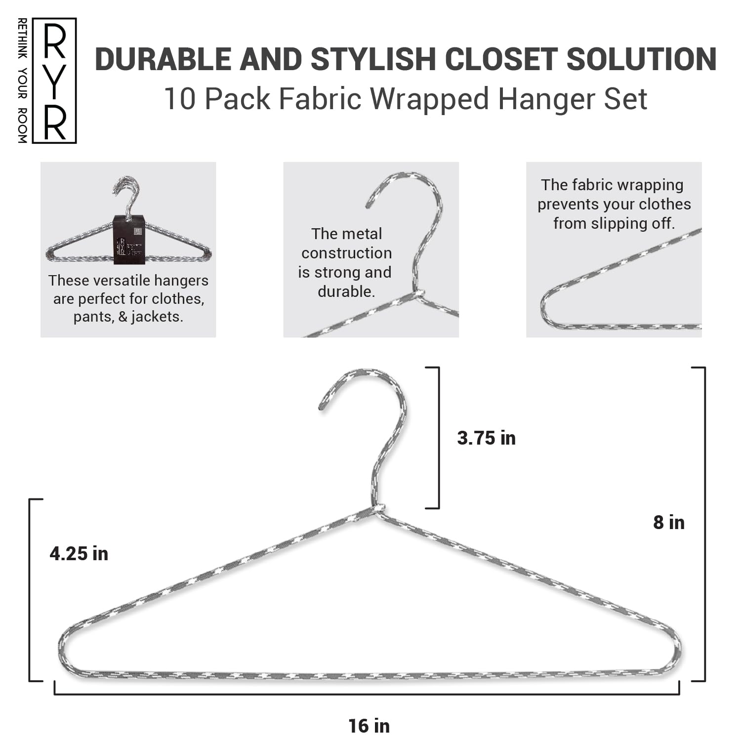 Rethink Your Room 30 Pack of Fabric Wrapped Metal Hangers - Durable and Stylish Closet Solution - Home Essentials - Soft Touch for Your Clothes - Warsaw Grey/White