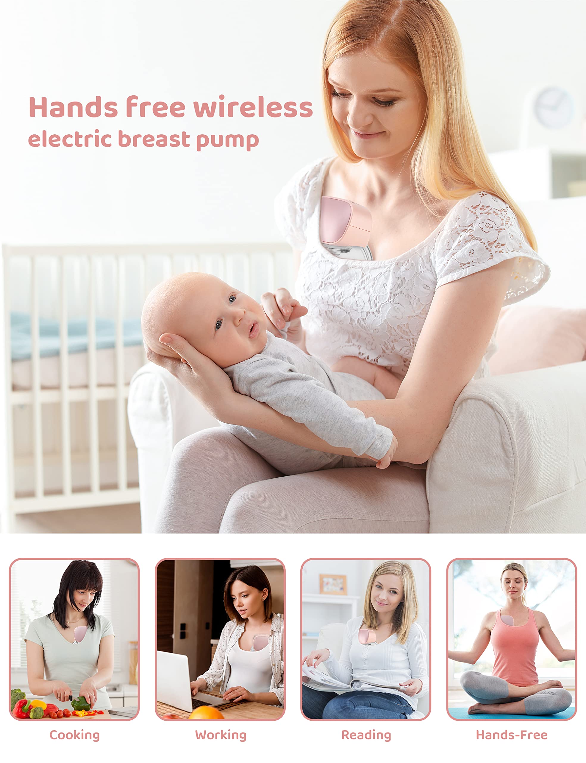 Kompoll Wearable Breast Pump Portable Electric Hands-Free Breast Pump with 2 Mode & 5 Levels, Wireless Worn in-Bra Painless Breastfeeding, Pink