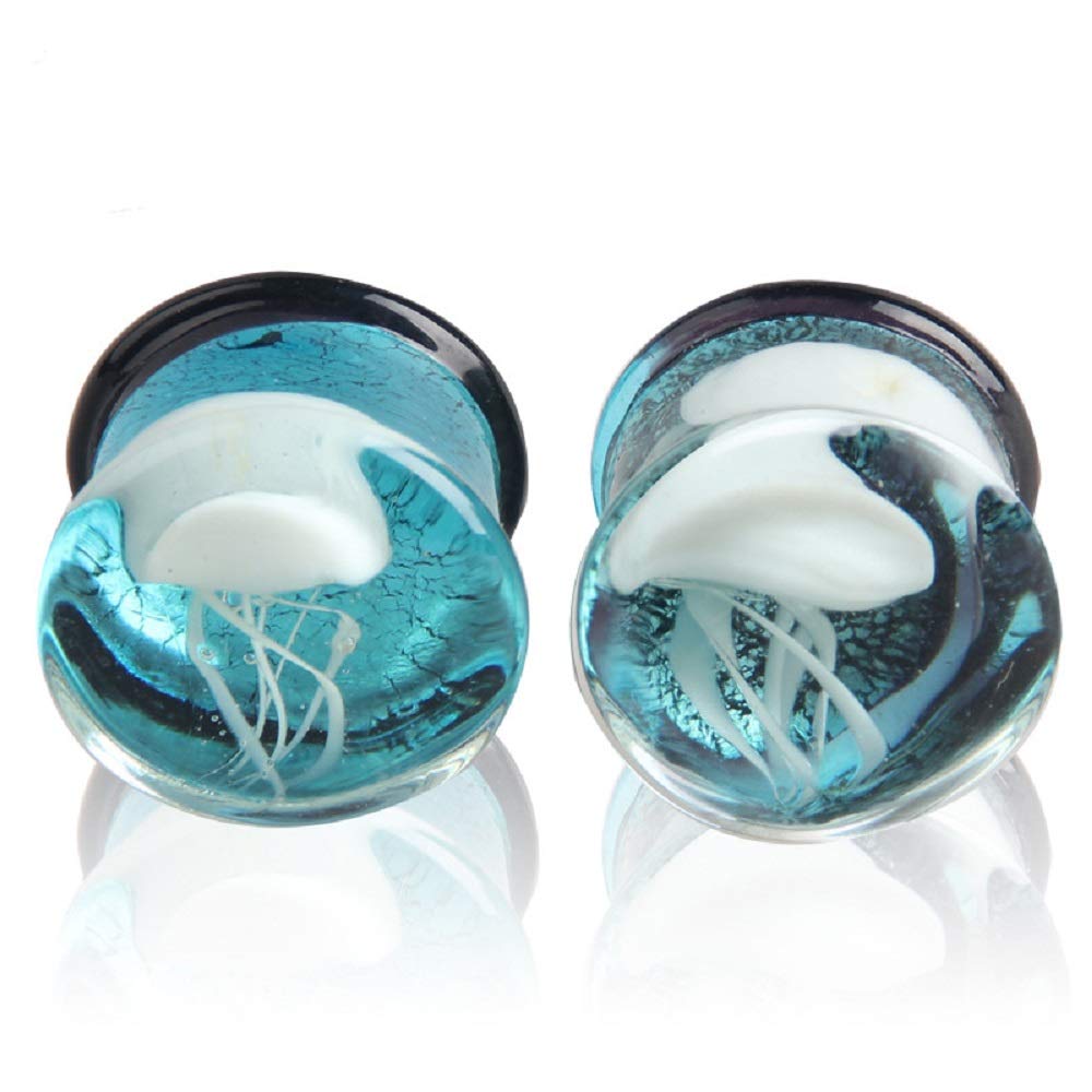 Glass Ocean Jellyfish Ear Plugs Gauges Tunnel Expanders Stretcher Unique Earrings Double Flared Piercings Body Jewelry Blue Red Set (00g(10mm))