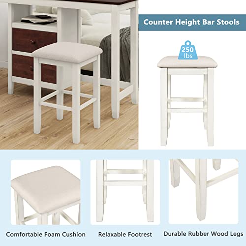 Quarte Farmhouse 3-Piece Dining Table Set,Rustic Counter Height Dining Table Set with 2 Storage Drawers and 2 Stools for Small Places (Brown+White/New*)