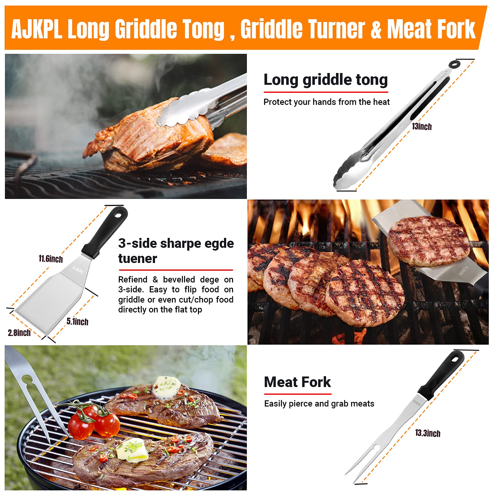Griddle Accessories Kit, Flat Top Grill Accessories with Long Spatula, Bench Scraper, Meat Fork, Tongs, Bottle, Egg Ring for Blackstone, Grill Accessories Set for Men Outdoor BBQ and Camp Chef