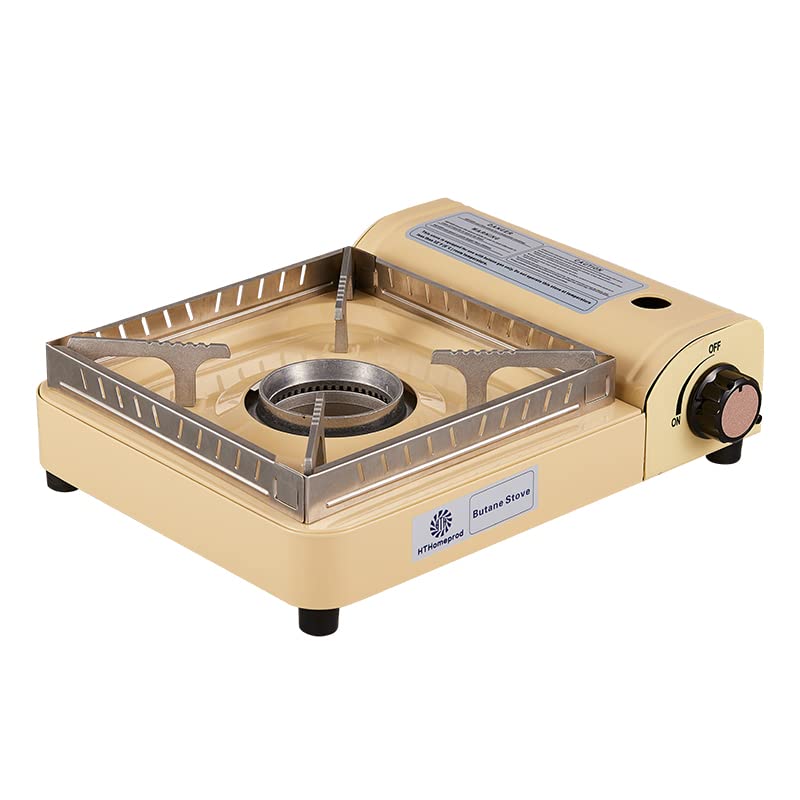HTHomeprod Portable Butane Stove Gas Fuel Windproof Single Camping Burner Outdoor Cooker Stoves Carry Case Wind Guard