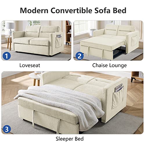 Polibi 54.5'' Modern Convertible Sleeper Sofa Bed with Two Arm Pockets, Velvet Sofa w/Pull-Out Bed Loveseat Sofa Couch and Adjsutable Back for Living Room (Beige)