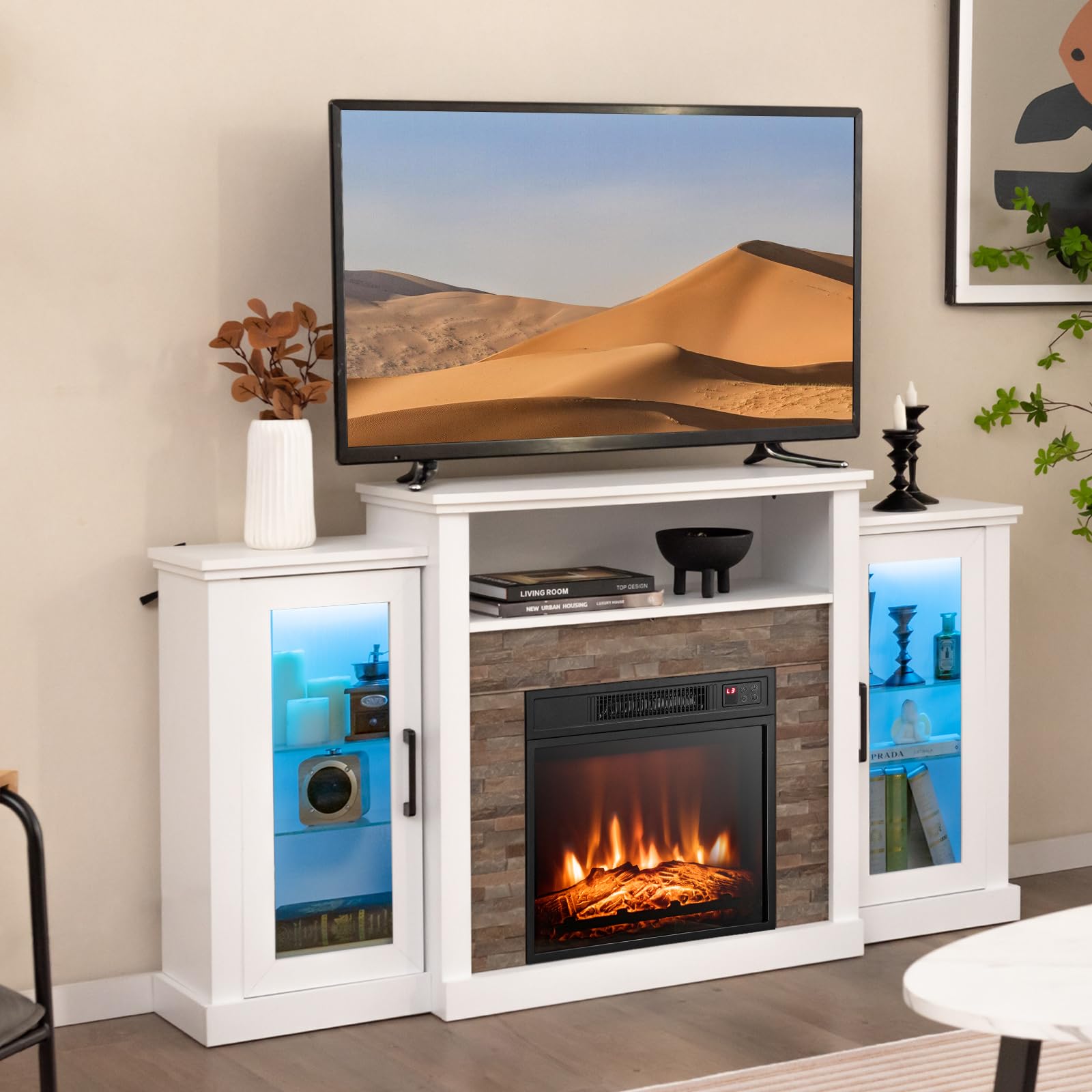 GOFLAME Fireplace TV Stand with LED Lights for TV up to 65β, Entertainment Center with 18β Electric Fireplace, Remote & APP Control, TV Console with Adjustable Glass Shelves (White)