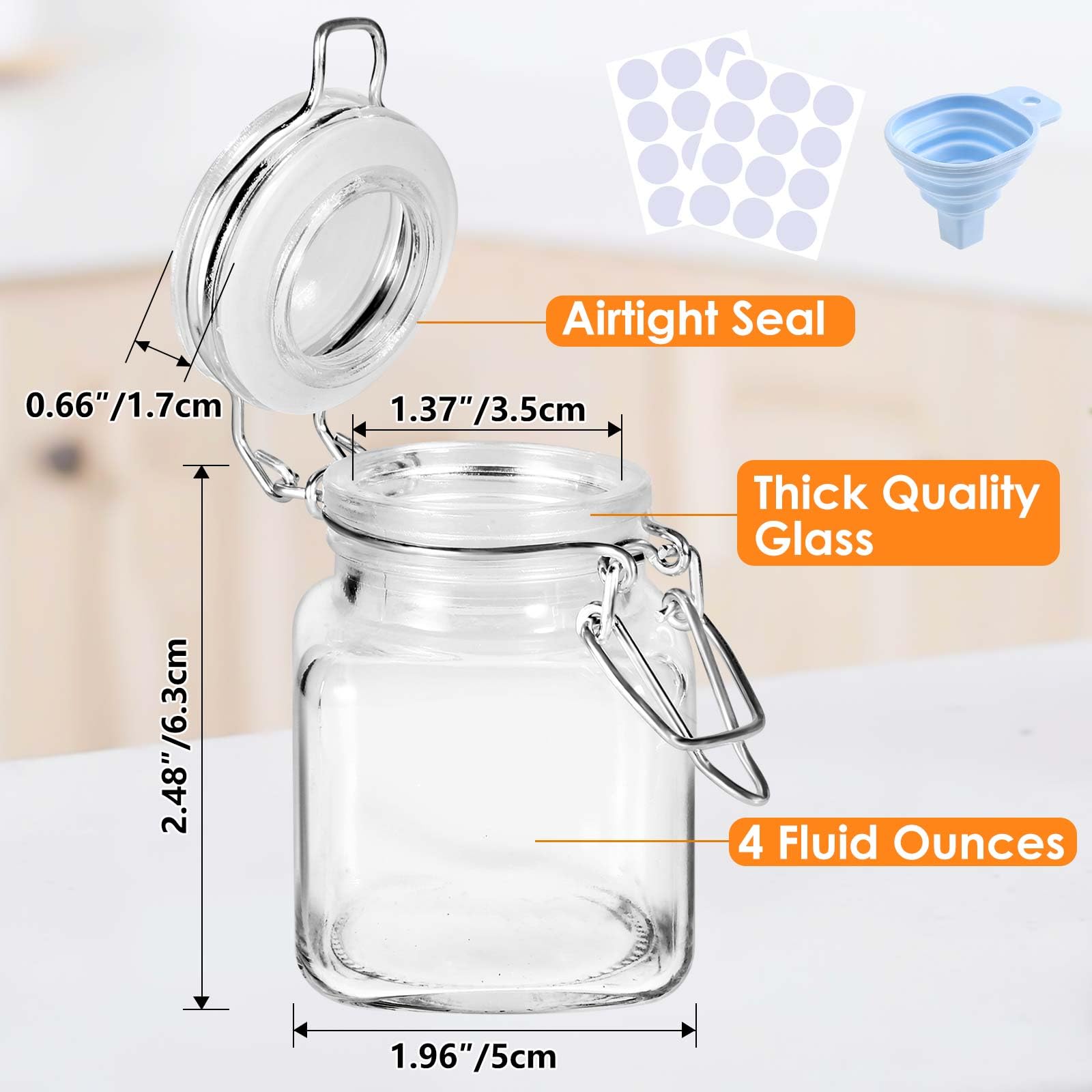 SKOCHE Spice Jars 20 Pack - 4 oz Small Glass Jars with Airtight Hinged Lids, Spice Herb Jars with Labels and Silicone Funnels, 4oz Glass Jars with Lids Ideal for Spice Herbs