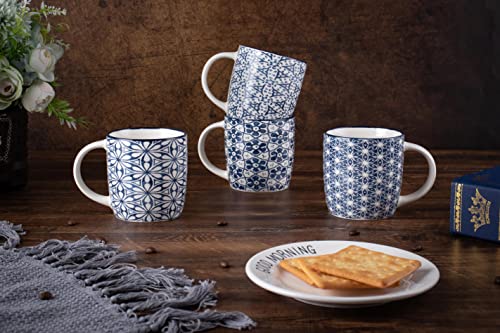 Set of 4 12 oz Coffee Mugs with Blue and White Geometric Patterns, Ceramic Tea Cup Set, Gift for Friends (Set 1)