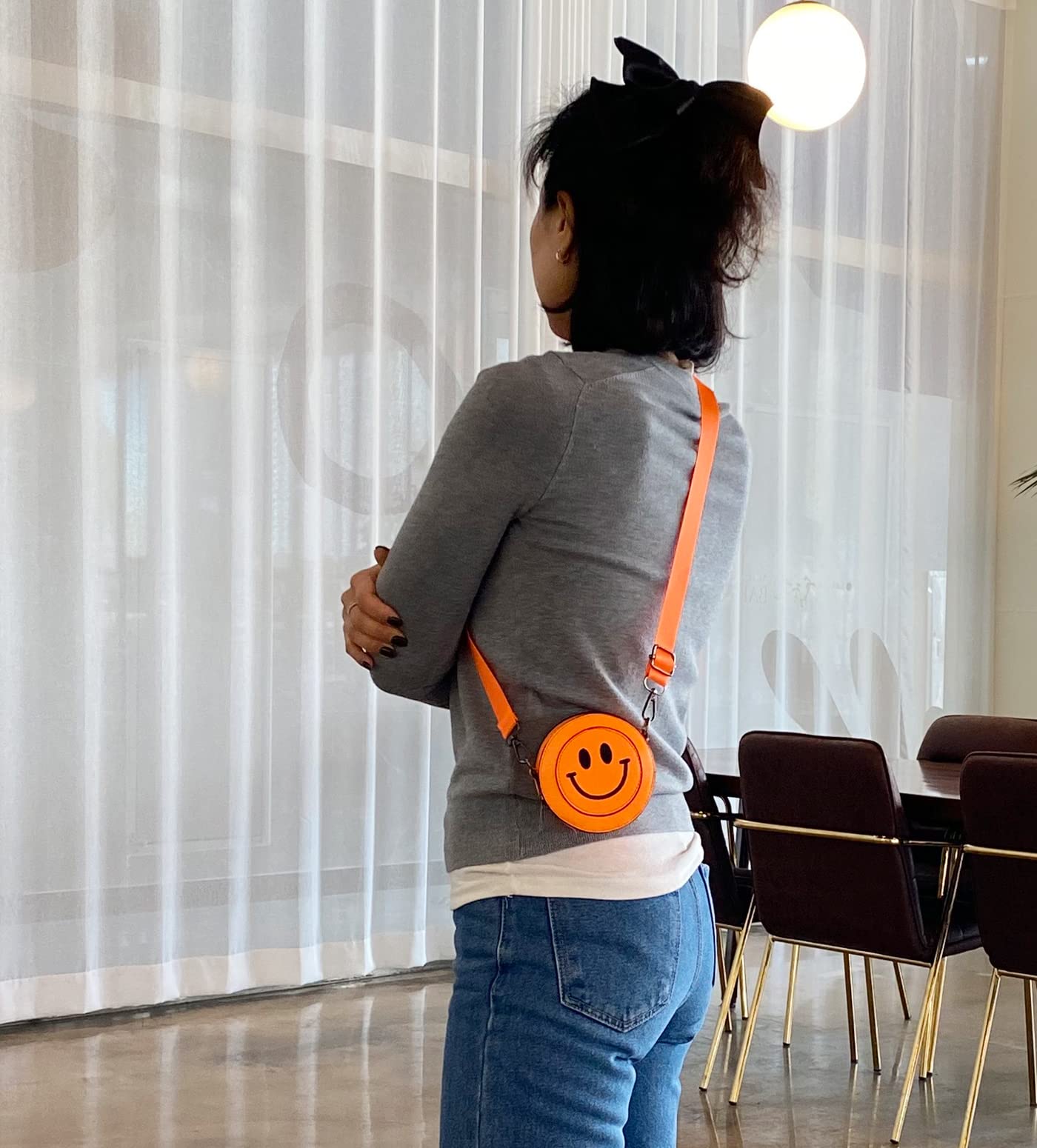 holawit Cute Positive Smile Happy Face Fun Design Mini Crossbody Soft Synthetic Leather Round Mini Side Shoulder Bag - White