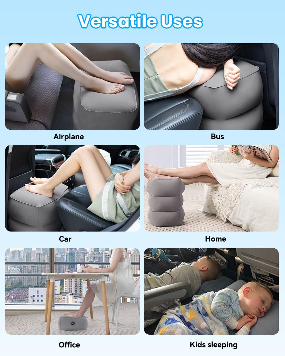 Inflatable Foot Rest for Air Travel - Airplane Foot Rest Adjustable Height Leg Pillow for Kids & Adults on Plane, Car, Train, Office and Home (1 PCS)