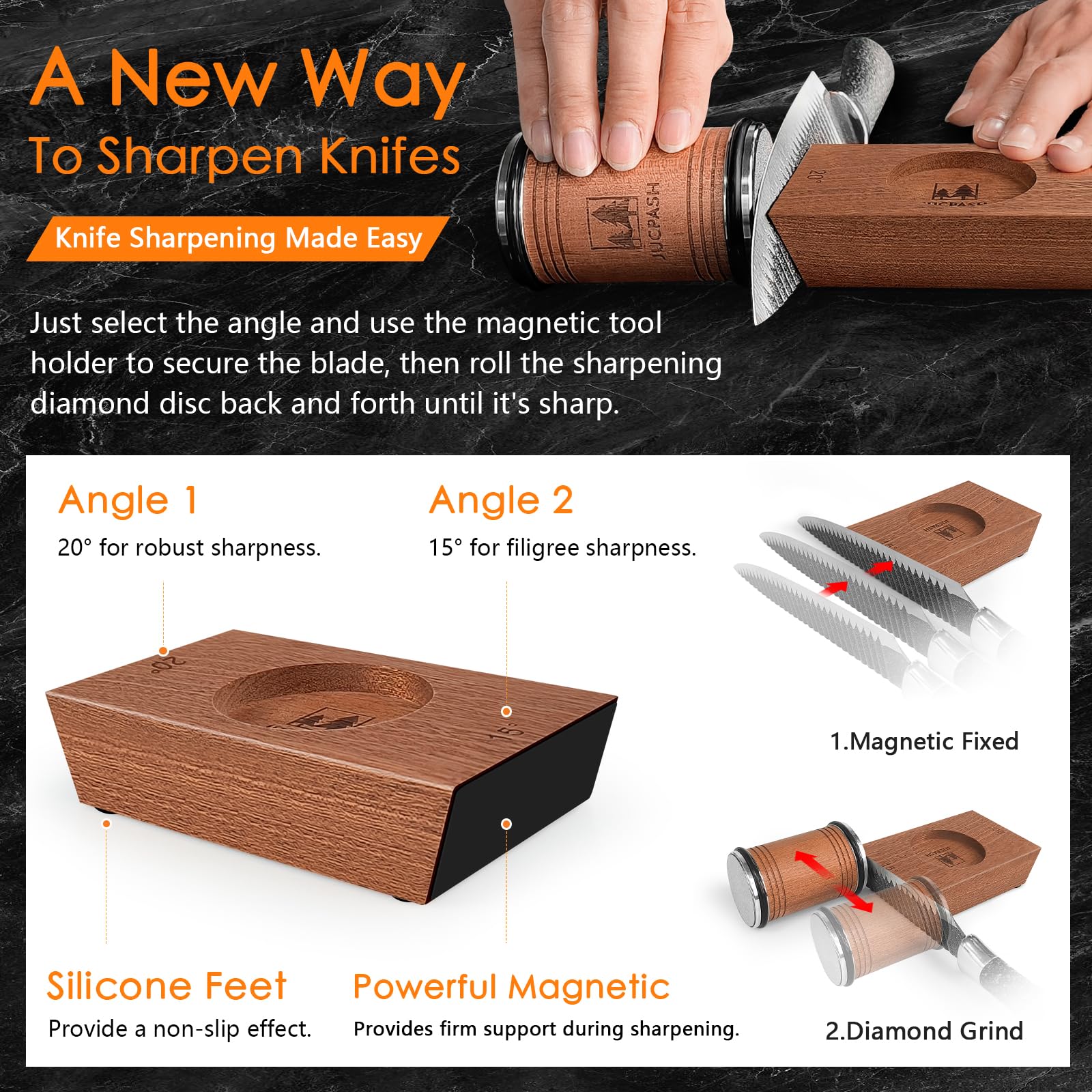 JUCPASH Rolling Knife Sharpener Kit for Straight Edge - Knife Sharpening with Leather Strop, Diamonds Discs and 15 & 20 Degree Magnetic Angles, Roller Knife Sharpener System for Kitchen Knives