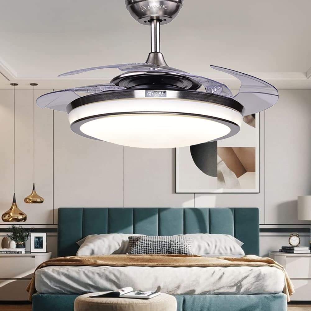 Fandian 44" Modern Ceiling Fan with Lights Remote Control Chandelier Fixture, 3 Lighting Changes Retractable Fandelier for Living Room Bedroom, Brush Chrome with Silent Motor
