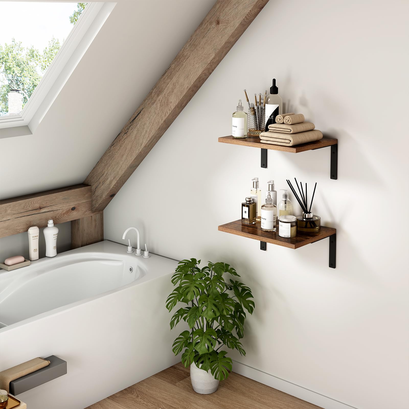 Inforth Floating Shelves for Wall Display, 12” Deep Wall Mounted Shelves for Living Room, Bedroom, Kitchen, Office Decor, Modern Hanging Bookshelf, Storage and Display Shelf Set (Rustic Brown)