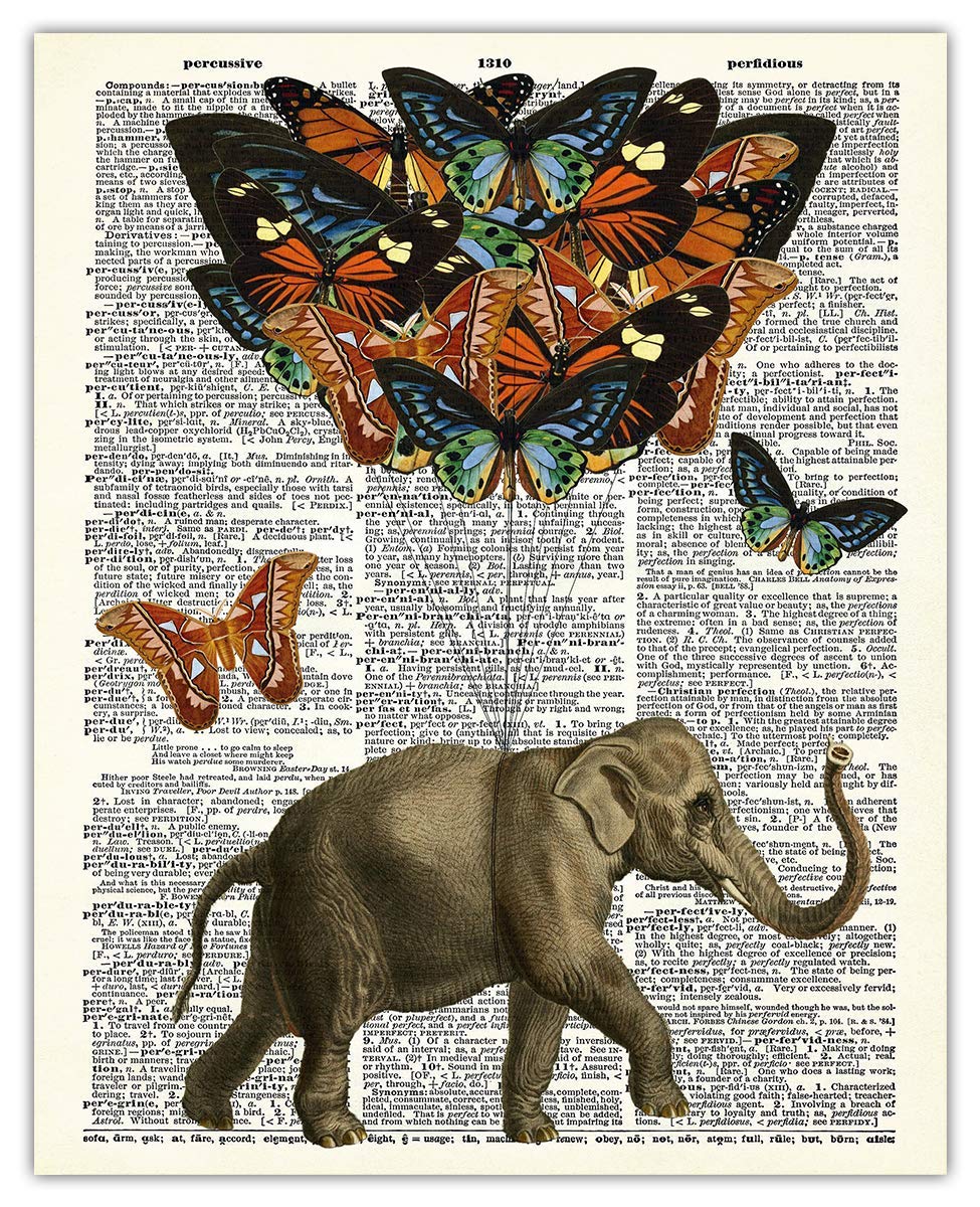 Elephant With Butterfly Balloons Dictionary Wall Art Print: Unique Room Decor for Boys, Men, Girls & Women - (8x10) Unframed Picture