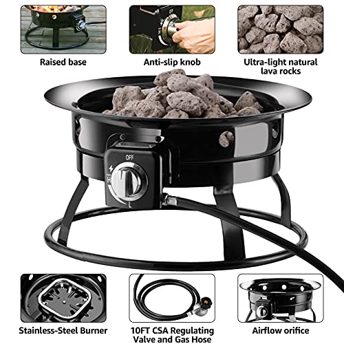 LEISURELIFE Propane Gas Fire Pit for Outdoor Camping Portable Fire Bowl for Outside with Carry Handle Including CSA Regulating Valve &10" Gas Hose (Installed) 18.5" Diameter 58000 BTU/HR Black
