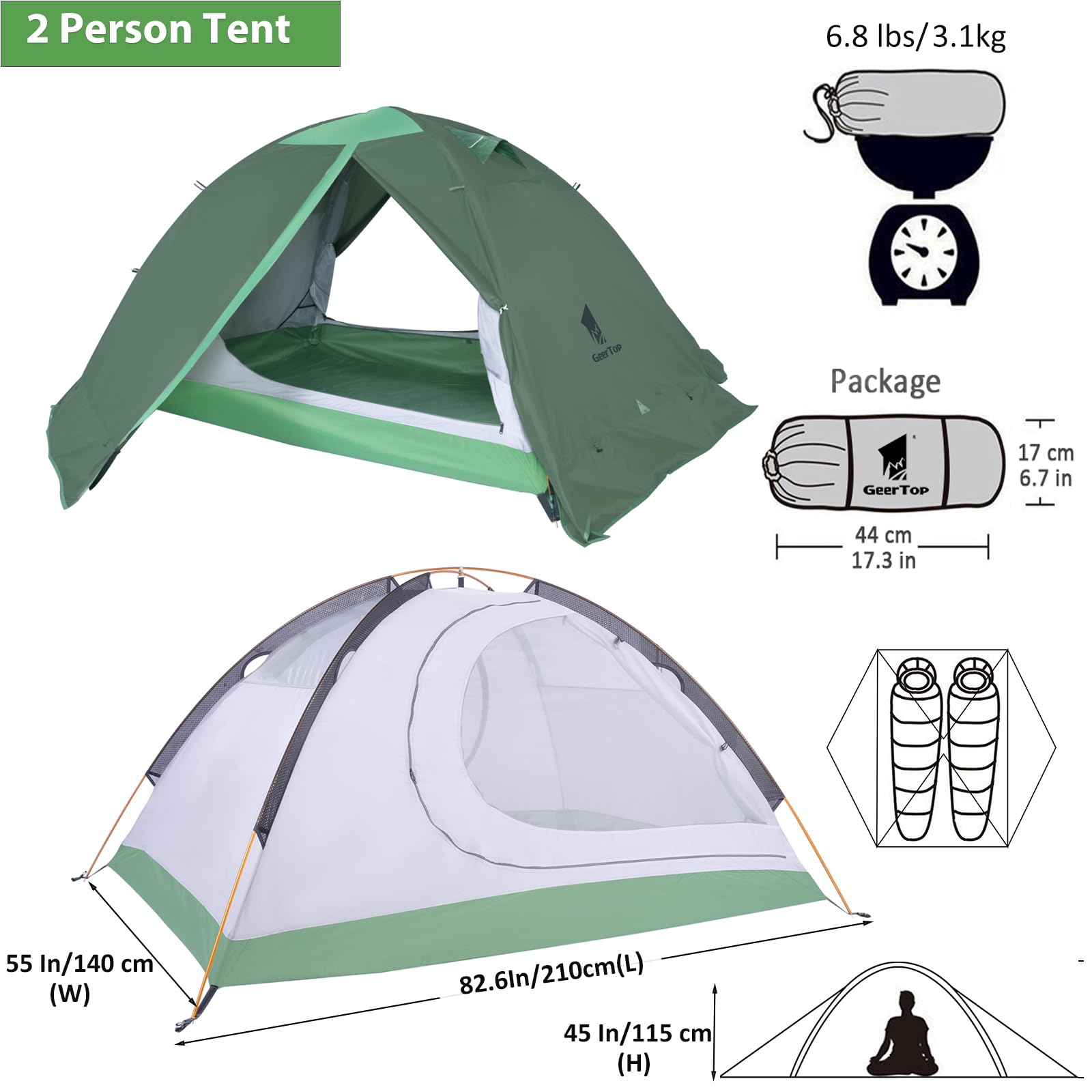 GEERTOP 2 Person Backpacking Tent 4 Season Double Layer Lightweight Waterproof Cold Weather Tent for Camping,Hunting, Hiking, Climbing, Outdoor Travel - Easy Set Up