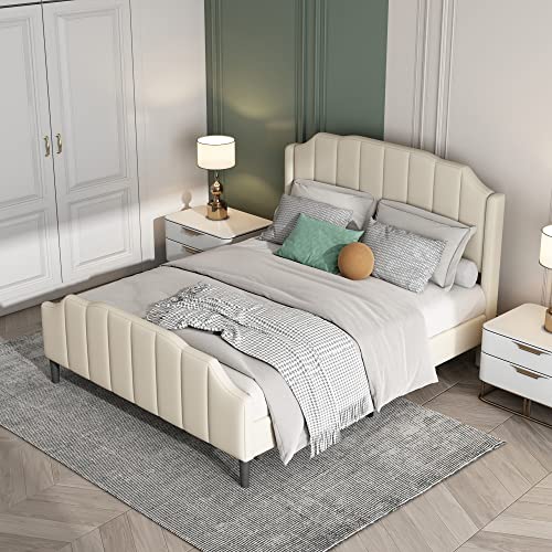 Queen Size Upholstered Bed with Headboard and Footboard, Wood Queen Platform Bed Frame for Bedroom, Velvet Fabric, No Box Spring Needed (Queen, Beige)