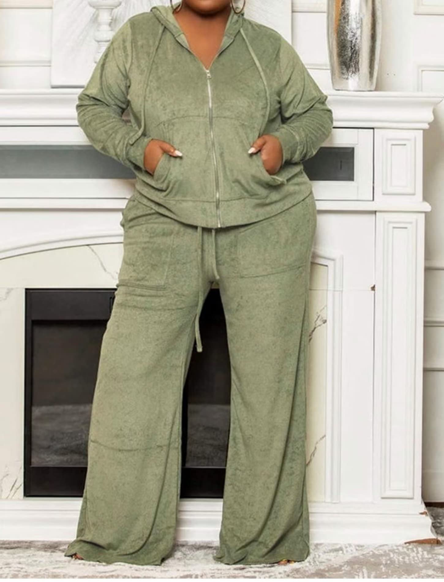 IyMoo Women's Plus Size 2 Piece Velvet Tracksuit Set Long Sleeve Zipper Hoodie Jacket Sweatpants Sweatsuit Jogger Workout Set Light Green 3X
