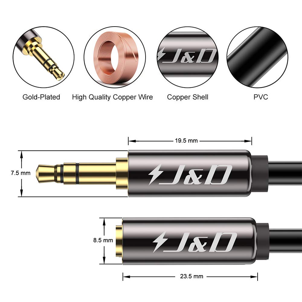 J&D 3.5mm Auxiliary Audio Extension Cable, Gold Plated Copper Shell Heavy Duty 3.5mm 1/8 inch TRS Male to 3.5mm 1/8 inch TRS Female Stereo Audio Adapter Cable, 3 Feet