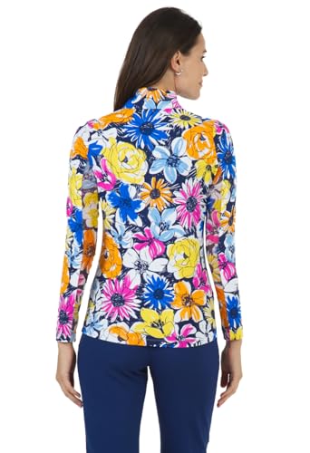 IBKUL Athleisure Wear Sun Protective UPF 50+ Icefil Cooling Tech Medeline Print Long Sleeve Mock Neck Top – 10260 Orange Multi Medeline L