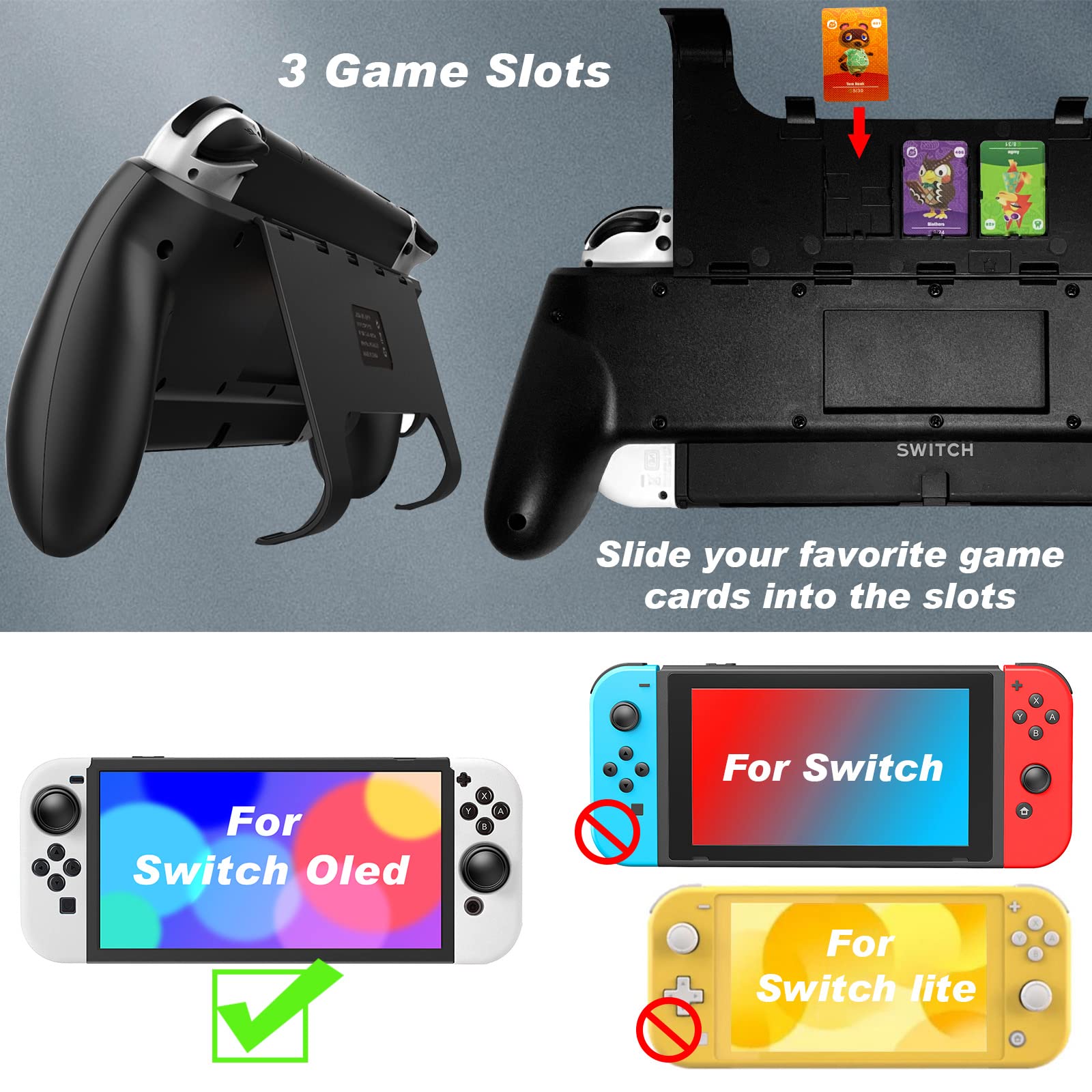 Grip Case for Switch OLED 2021, Adjustable Switch OLED Hand Grips Stand for Switch OLED with 3 Game Cards Slot for Switch Gamer, Protective Shockproof Stretchable Grip Stand Accessories [White]