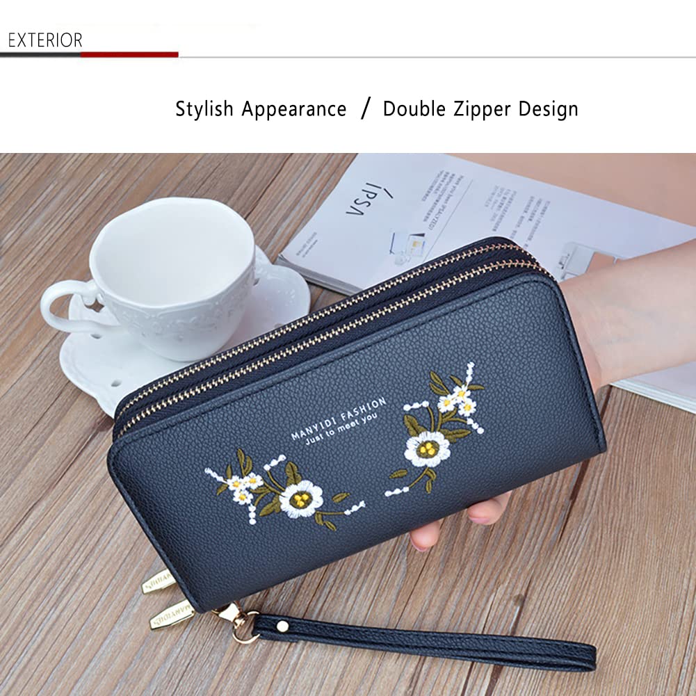 Lombera Black Embossed Wristlet Wallet for Women, RFID Blocking Long Leather Wallet Credit Card Holder for Women,Ladies Wallet