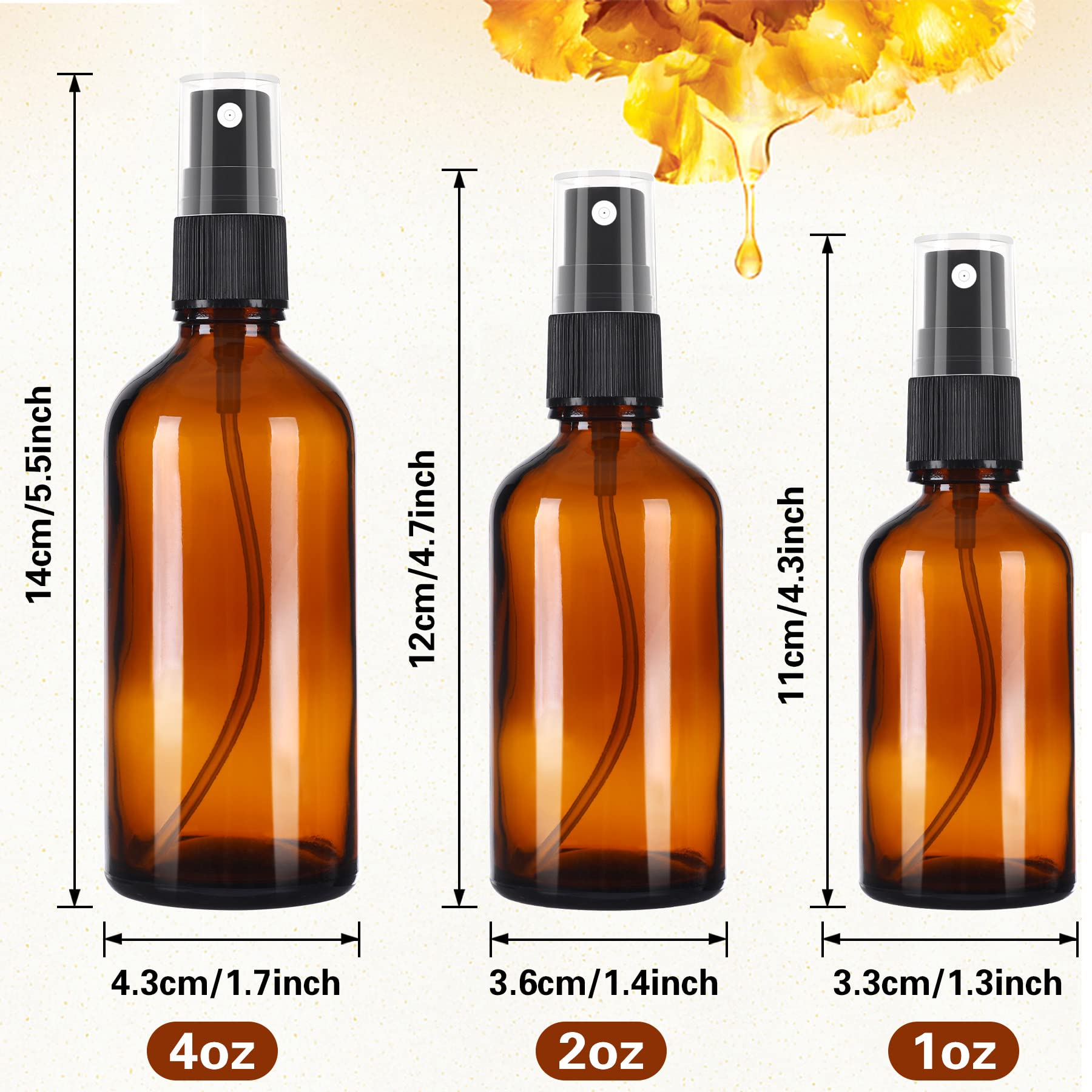 JULMELON Glass Spray Bottles 4 Oz for Esssential Oil,3 PCS Mini Travel Spray Bottle,Brown Glass Spray Bottle for Face,1Oz 2Oz 4Oz Refillable Sprayer Container with Funnel and Cleaning Brush