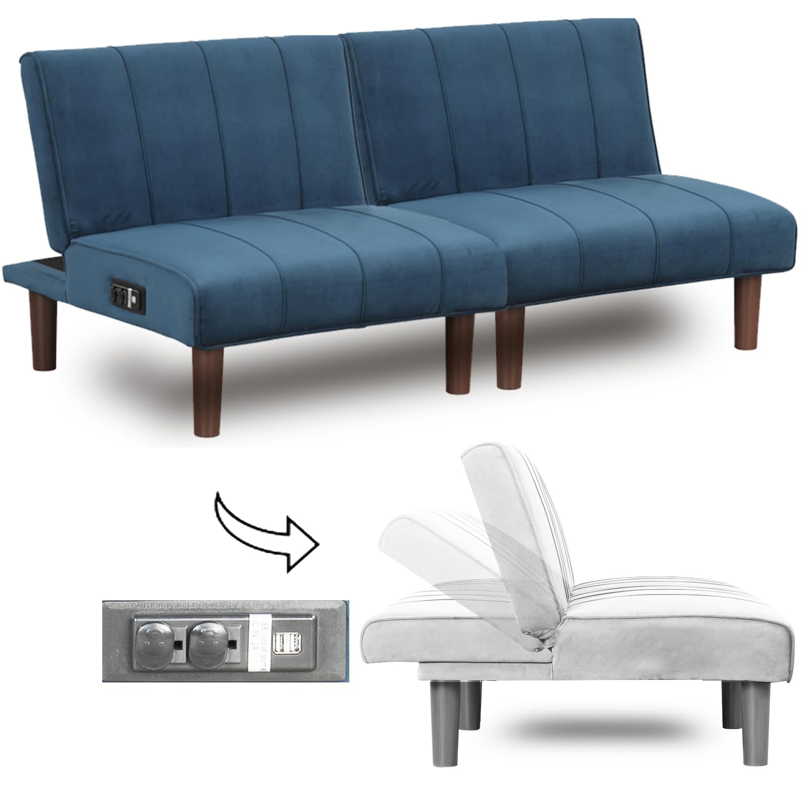 KAIRUITUCH Convertible Futon Sofa Bed Twin/USB, Foldable Loveseat Futon Couch Adjustable Backrest,2 Pack Small Sleeper Sofa for Living Room, Small Space, Apartment, Blue Fabric, 305BL1-BL1USB