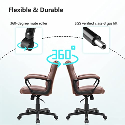 Shahoo Executive Office Chair Swivel Task Seat with Ergonomic Mid-Back, Waist Support, PU Leather, Brown
