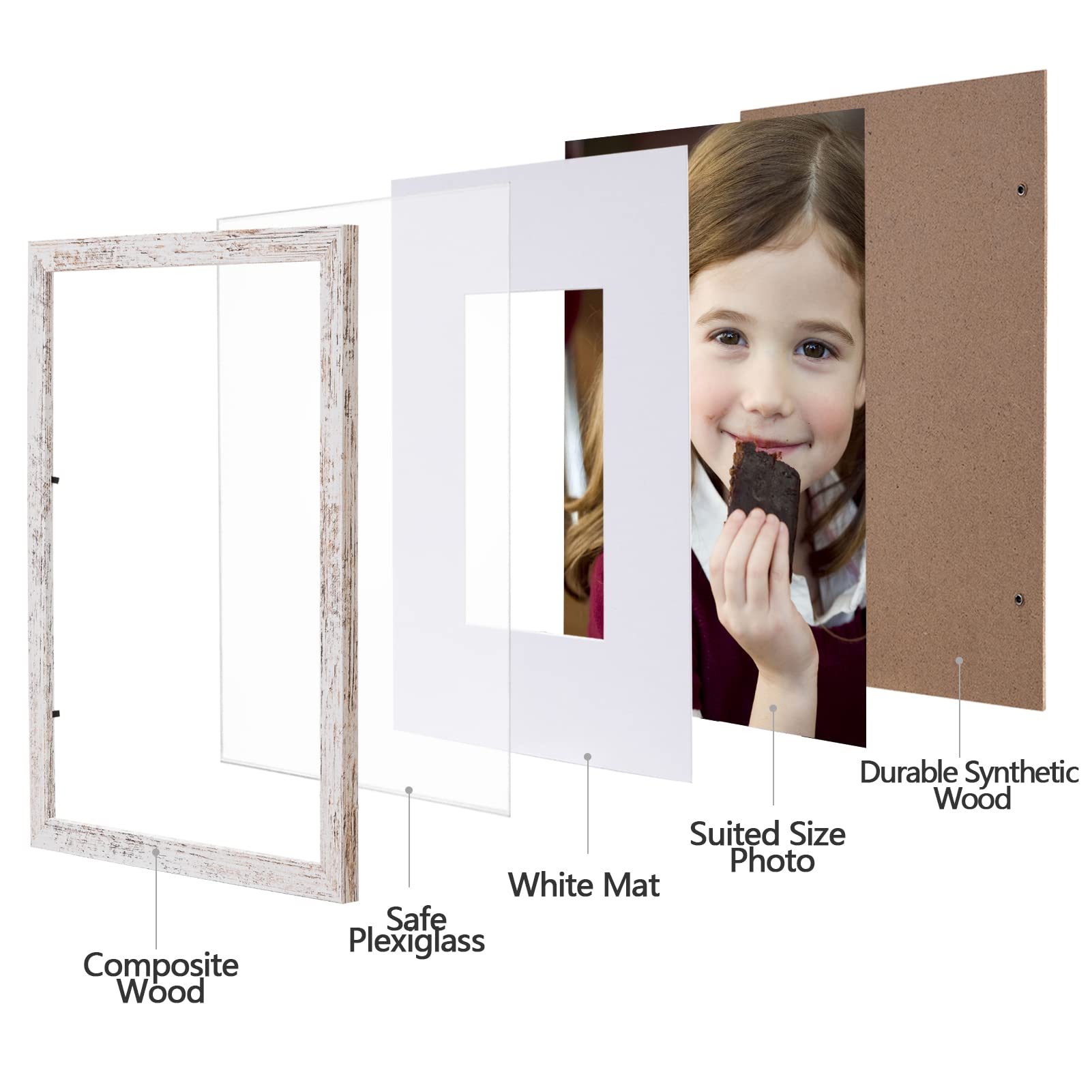 eletecpro 11x14 Picture Frame Set of 6, Rustic Wood Pattern Picture Frame, Display 8x10 Photos with Mat or 11x14 without Mat, Farmhouse Home Decor Horizontal & Vertical for Tabletop or Wall Mounting