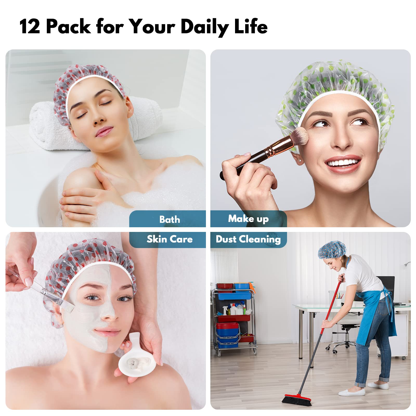 Jumperlay 12 Pack Reusable Shower Cap for All Hair Lengths, Waterproof Bath Cap with Elastic Band for Kids, Women and Men (A)
