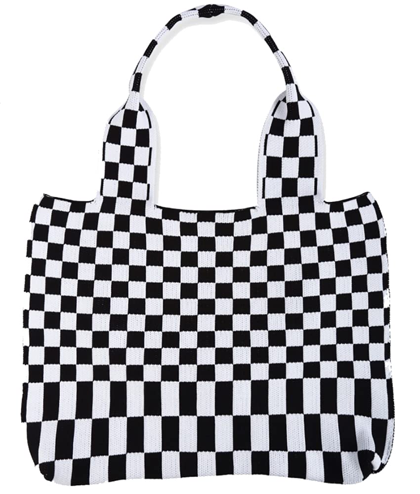 Knit Shoulder Bag for Women Extra Large Plaid Hobo Bag Chic Checkboard Satchel Tote Bag for Work School 2022 Black/White