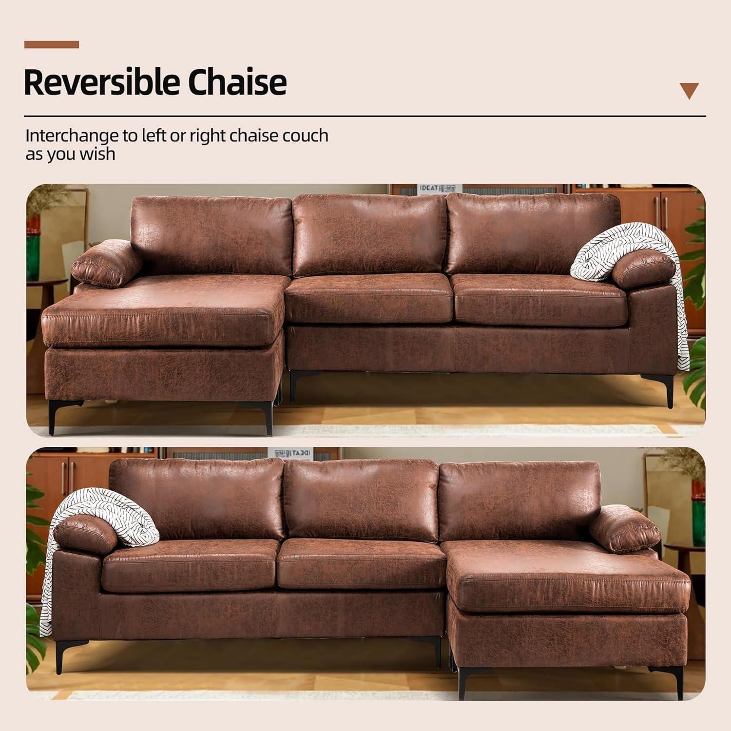 POUUIN 100" Faux Leather Sectional Sofa Couches for Living Room,3 Seater L Shaped Sofa Couch with Reversible Chaise,Mid-Century Modern Comfy Deep Seat Convertible Sofa (Dark Brown,Suede Fabric)