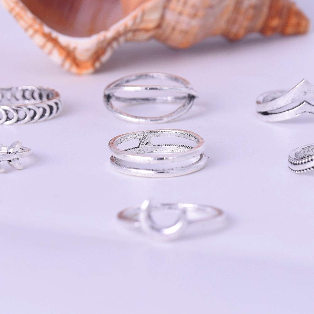 Knuckle Rings Silver Ring Set for Women Boho Stackable Rings Thumb Middle Finger Ring for Girls Leaf Moon Chain Rings 7Pcs