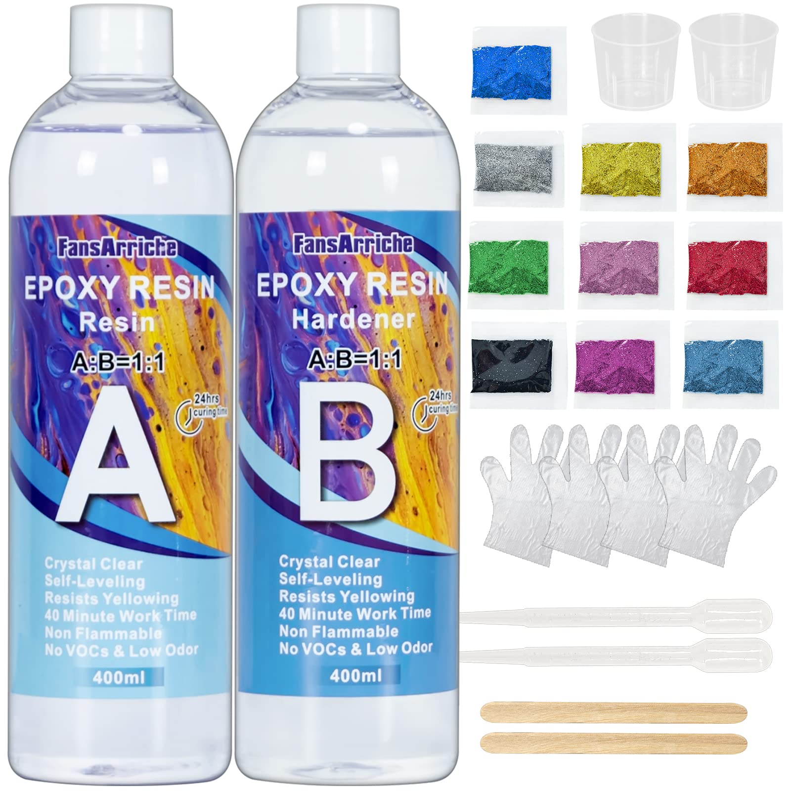 FansArriche 18.5OZ Epoxy Resin Crystal Clear for Art, Jewelry, Crafts & Jewelry Making, 2 Part Epoxy Casting Resin, Non-Toxic Resin Epoxy with 2 Droppers, 2 Sticks, 2 Pair Gloves and 2 Pack Glitters
