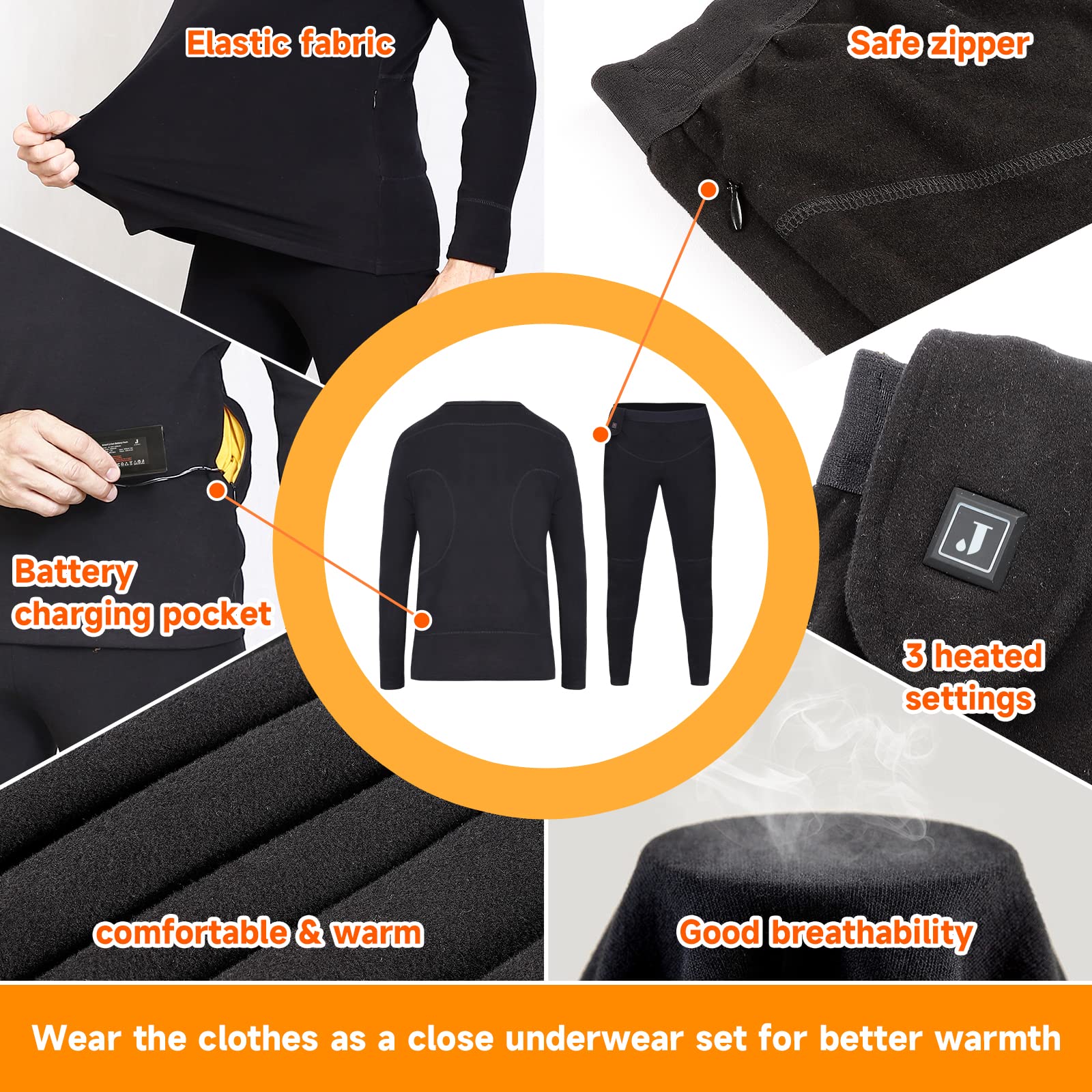 J JINPEI Heated Thermal Underwear Top + Heated Pant for Men Women (XXL) Black