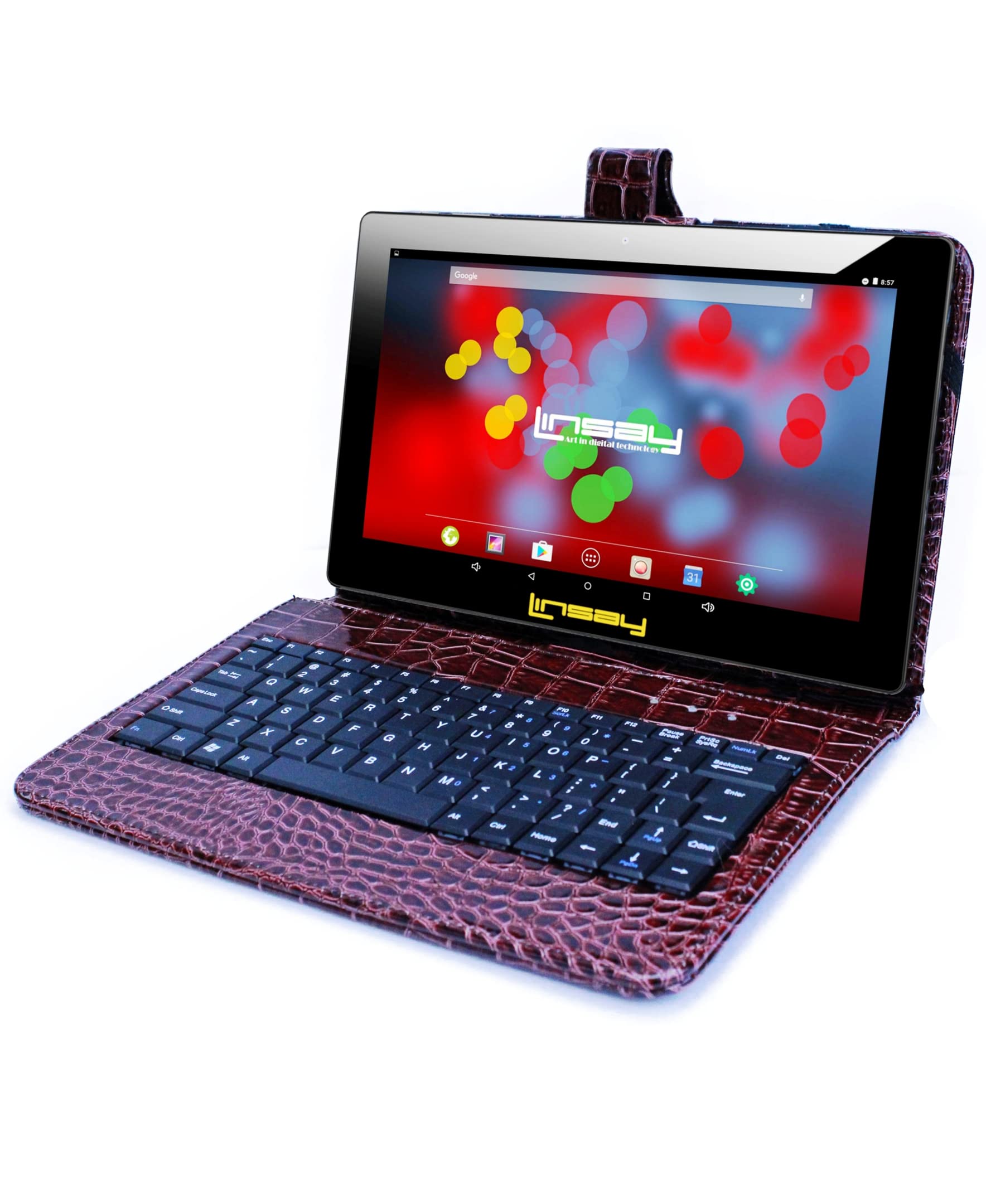 LINSAY 10.1" 1280x800 IPS 2GB RAM 32GB Android 11 Tablet with Brown Crocodile Style Keyboard, Pop Holder and Pen Stylus