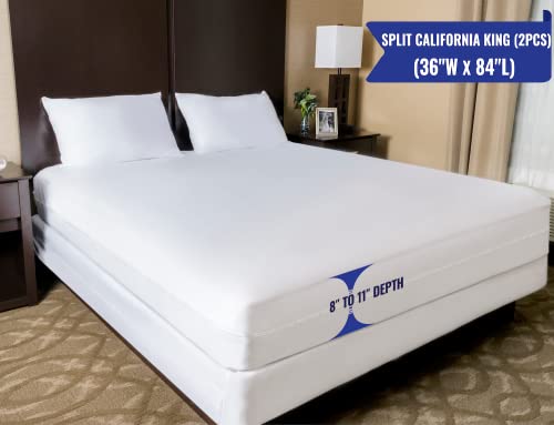Split California King (2PC) Mattress or Box Spring Encasement (8"-11" Depth) Waterproof Zippered Protector Hypoallergenic Premium Bedbug Cover Protects from Dust White