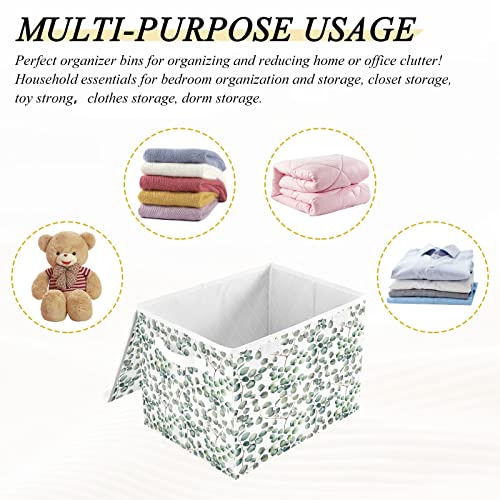 Quteprint Storage Bins with Lid, Eucalyptus Green Leaves Plant Storage Box Organizer Toys Bedroom Nursery, 16.5"x12.6"x11.8" Large Collapsible Storage Cube for Home Office Closet Shelf