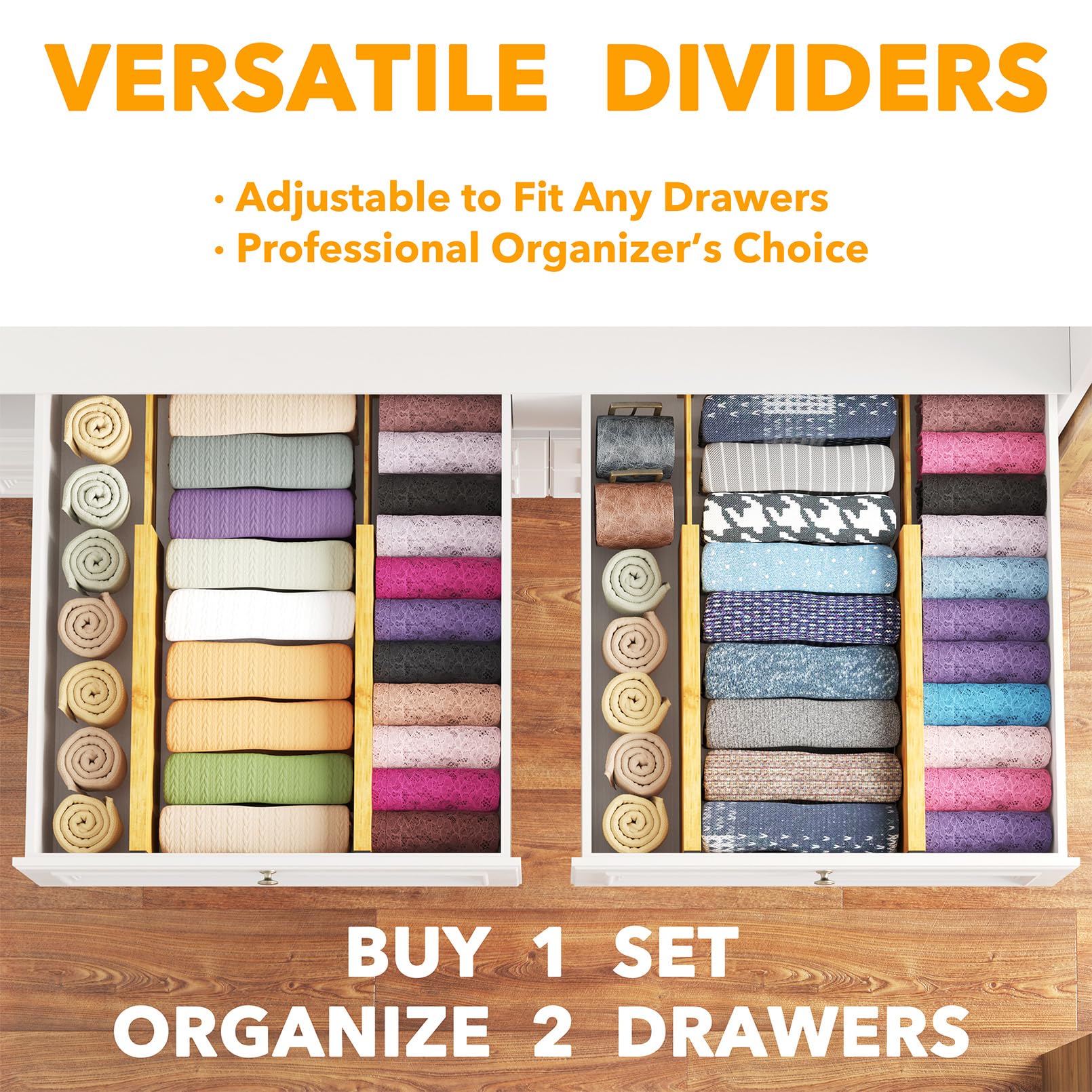 SpaceAid Bamboo 4 Pack Dresser Drawer Dividers, 4.65“ High Adjustable 12.5“-17” Drawer Organizers, Expandable Organization for Clothing, Clothes, Dressers, Natural