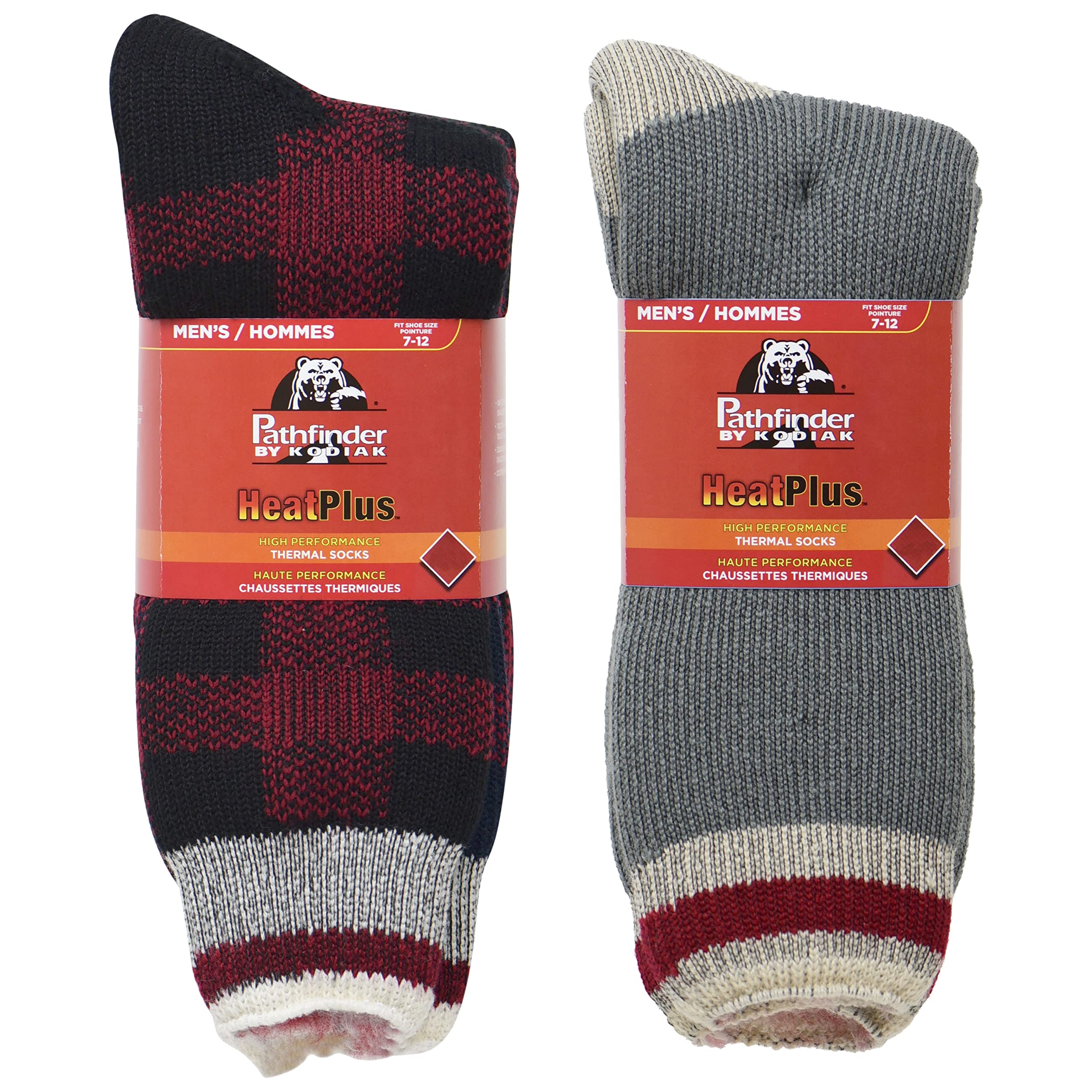 Kodiak Men Thermal Crew Warm Outdoor Socks with Thick Brushed Cushioning, 2 Pairs, Size 7-12