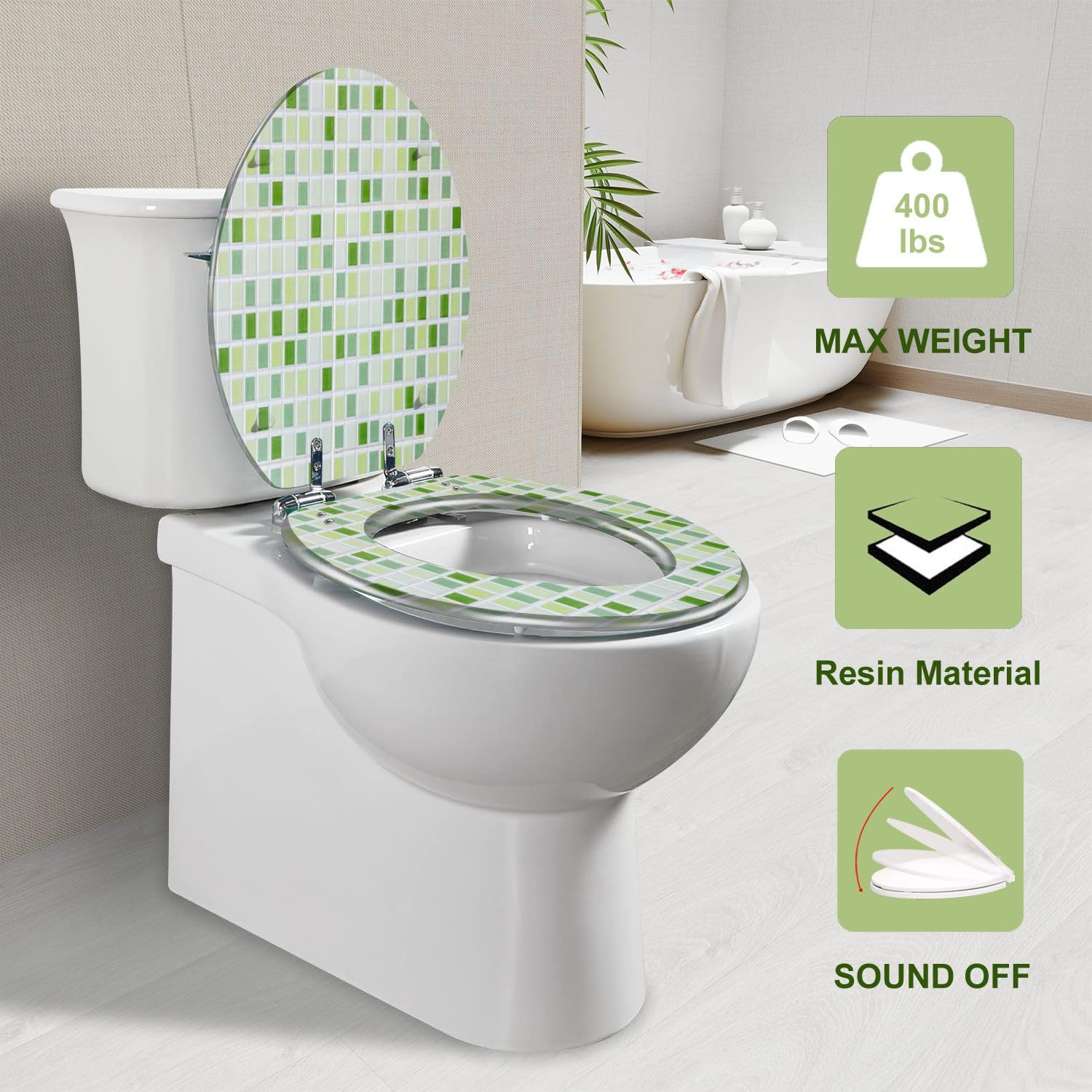 Resin Elongated Toilet Seat with Cover Quiet Close Quick Release Hinges green ceramic mosaic Decorative Toilet Seat Easy to Clean Install Home Decor
