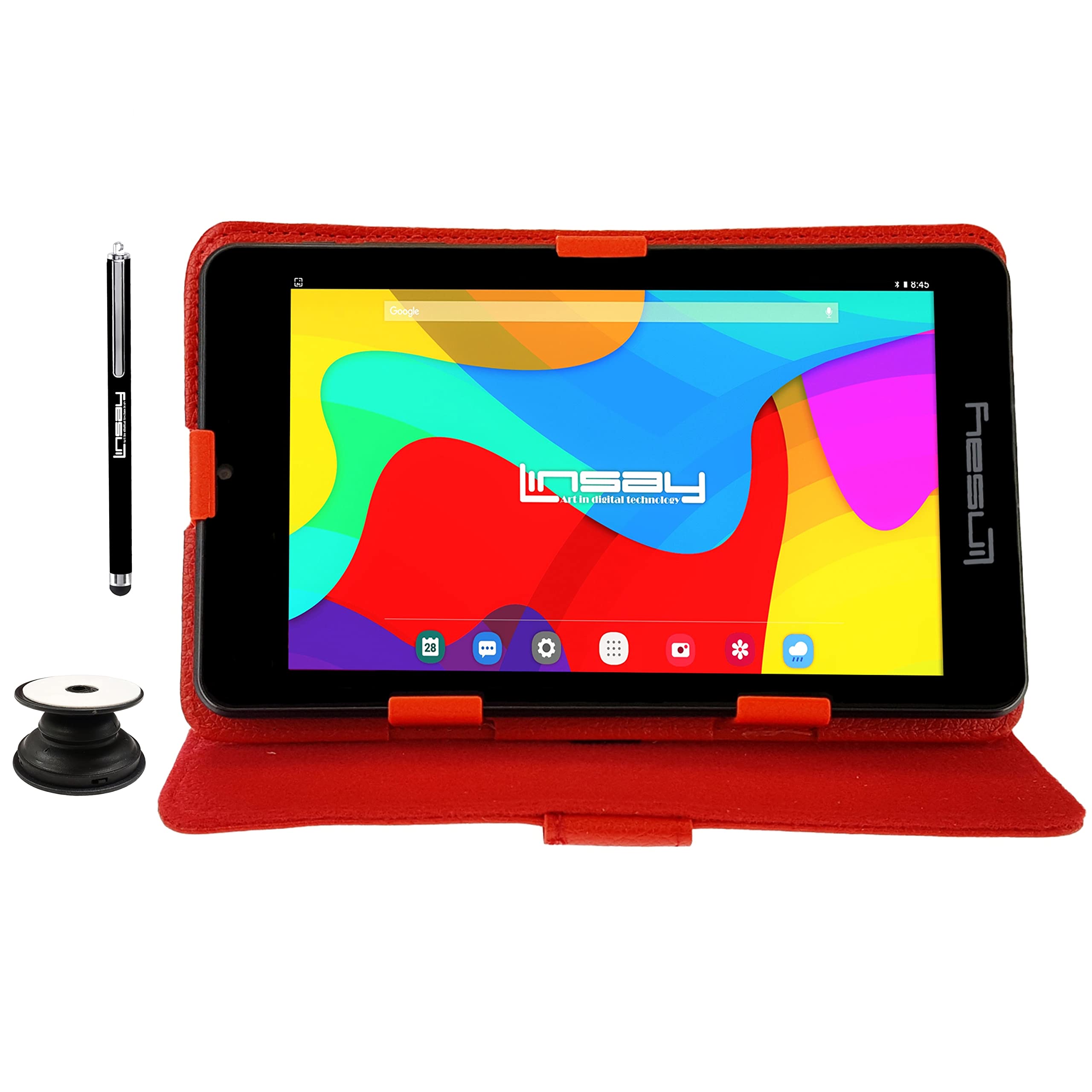 LINSAY 7" 2GB RAM 32GB Storage Android 12 Tablet with Red Leather Case, Pop Holder and Pen Stylus