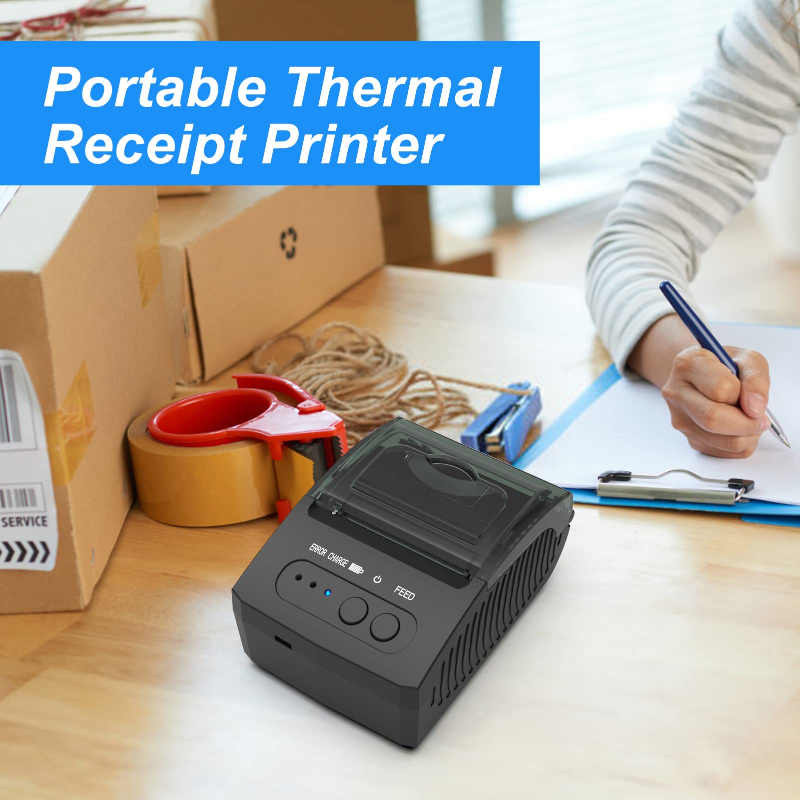 Receipt Printer,HXBER 58mm Portable Mini Thermal Receipt Printer USB & BT Connection 2 inches Wireless Printer with 1 Roll Paper Inside Compatible with iOS Android Windows for Restaurant Sales Retail